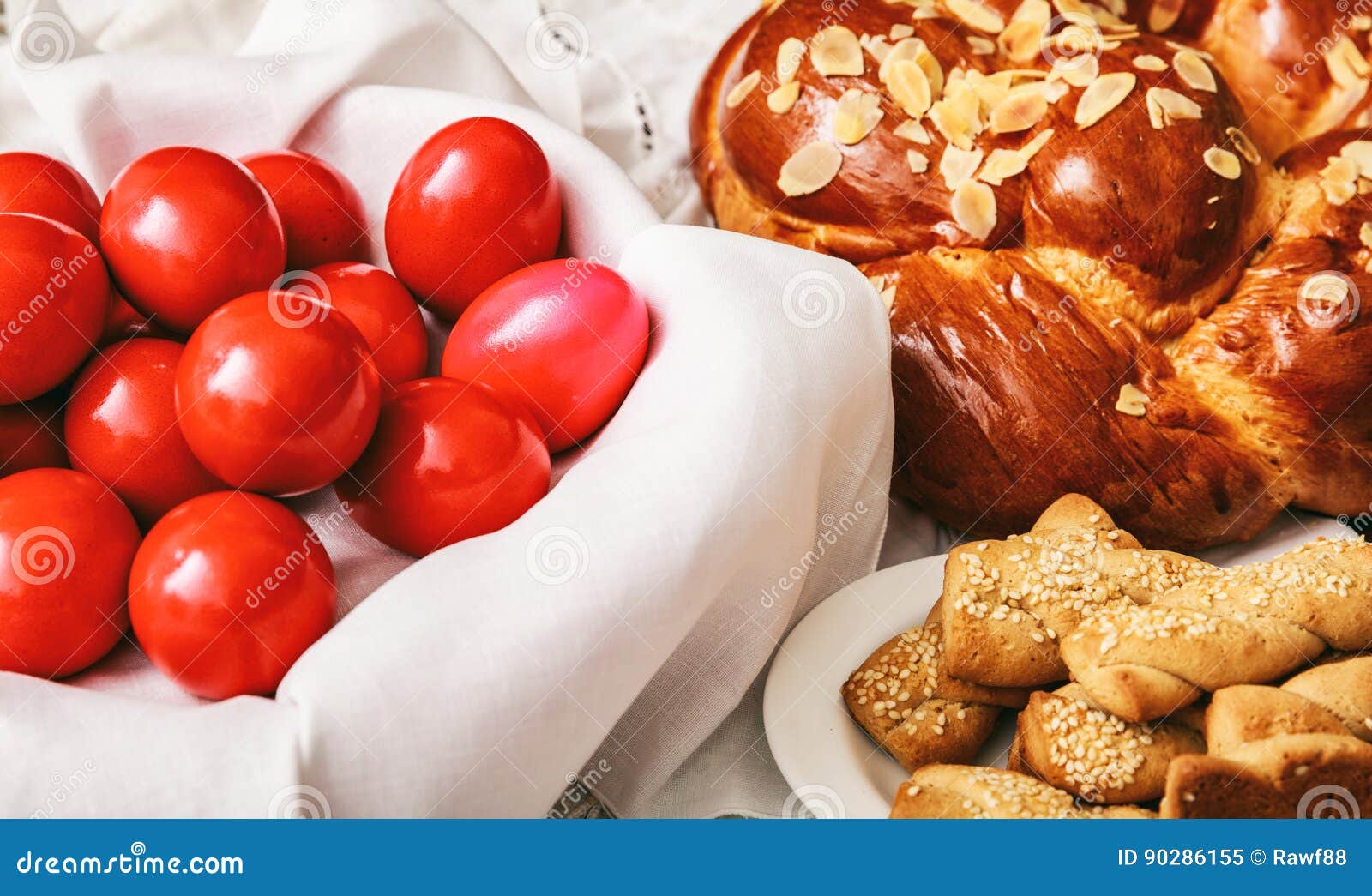 Easter Eggs and Greek Tsoureki on a Table Stock Image - Image of ...