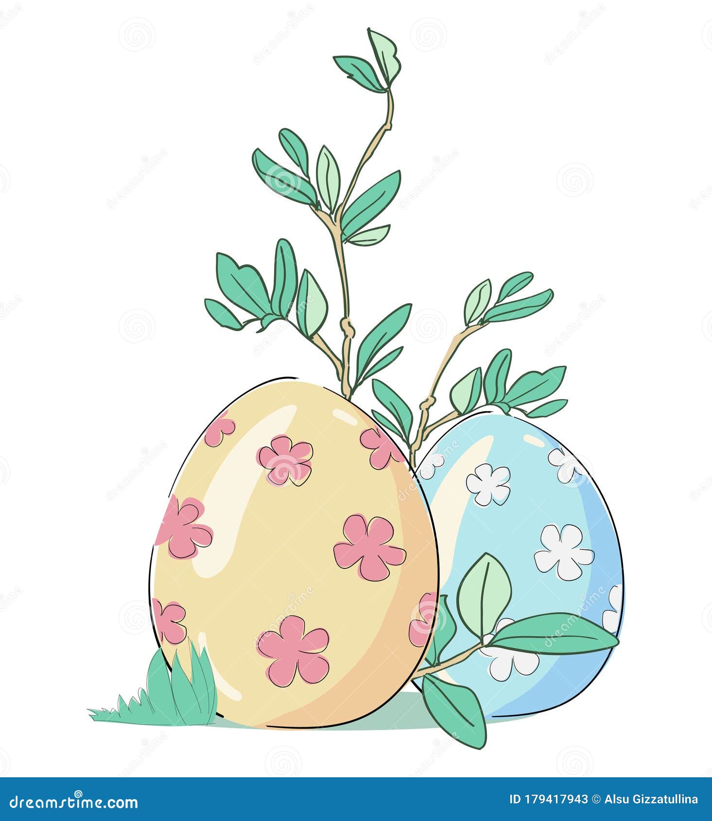 Easter Eggs and Green Leaves. Vector Illustration Stock Illustration ...