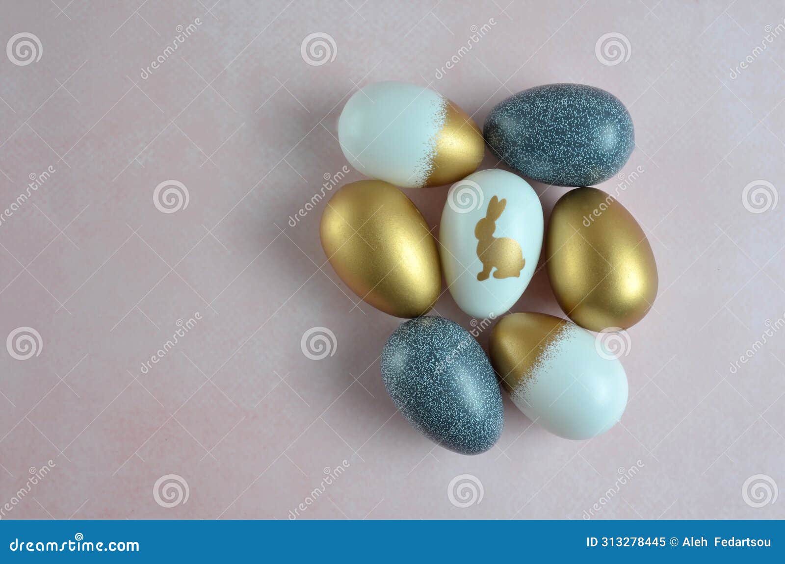 Easter Eggs in Navy Blue, White and Gold with the Easter Bunny. Pink ...
