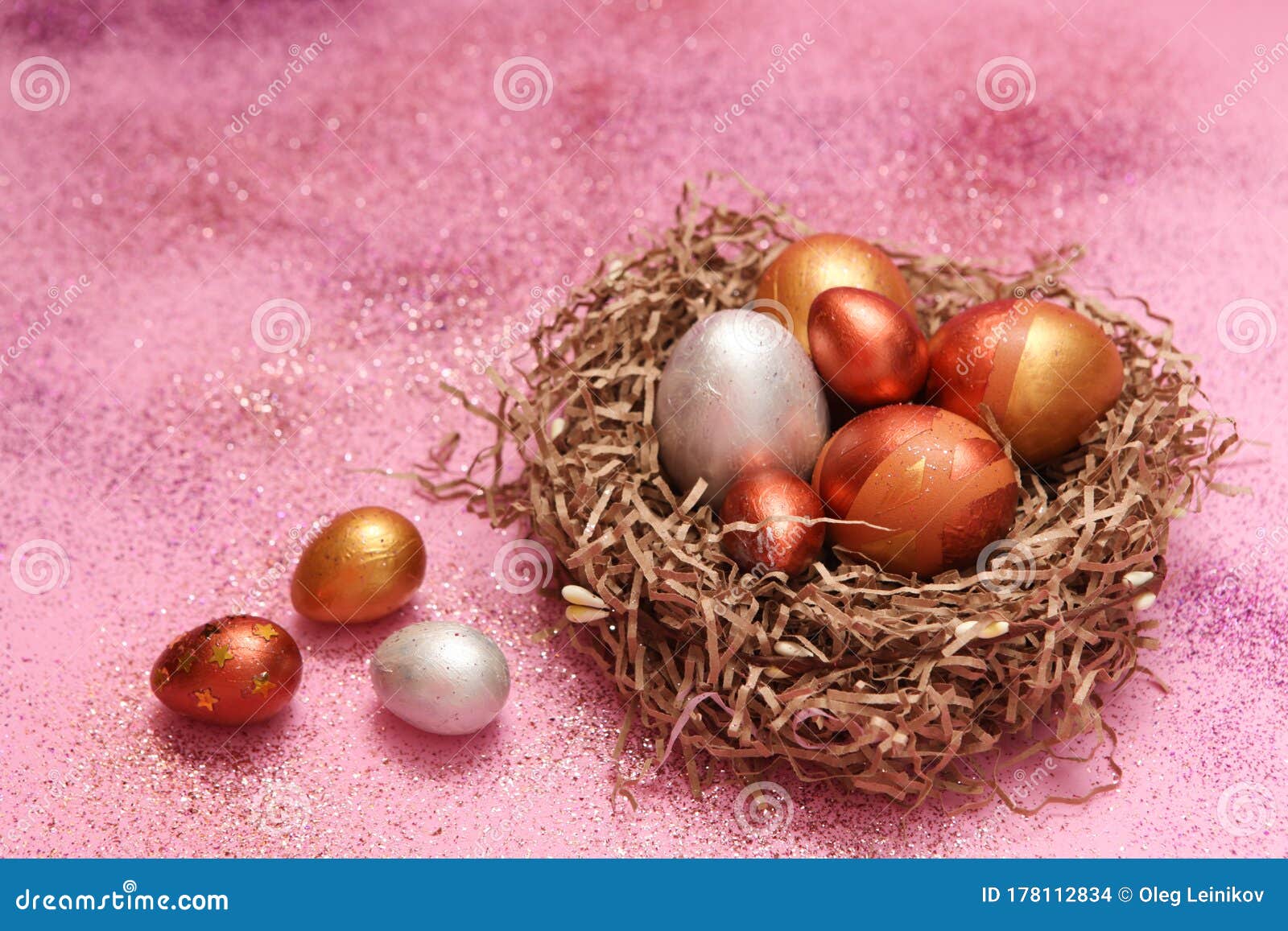Easter Eggs in a Nest on a Pink Background Stock Photo - Image of wall ...