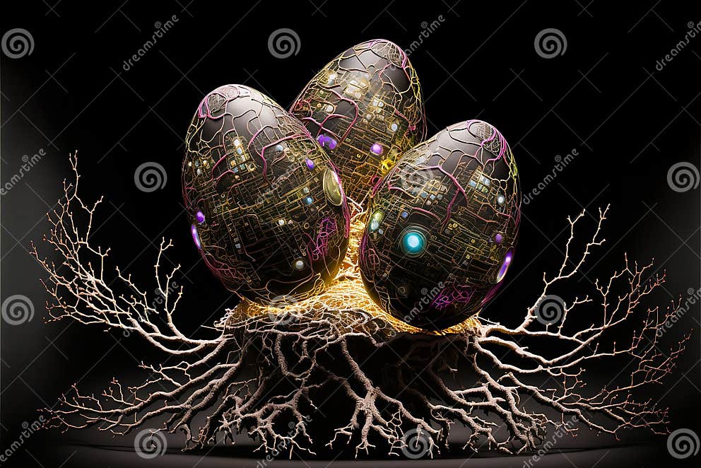 Easter with Eggs in the Nest on a Black Background, Abstract Circuit Board Decoration ...