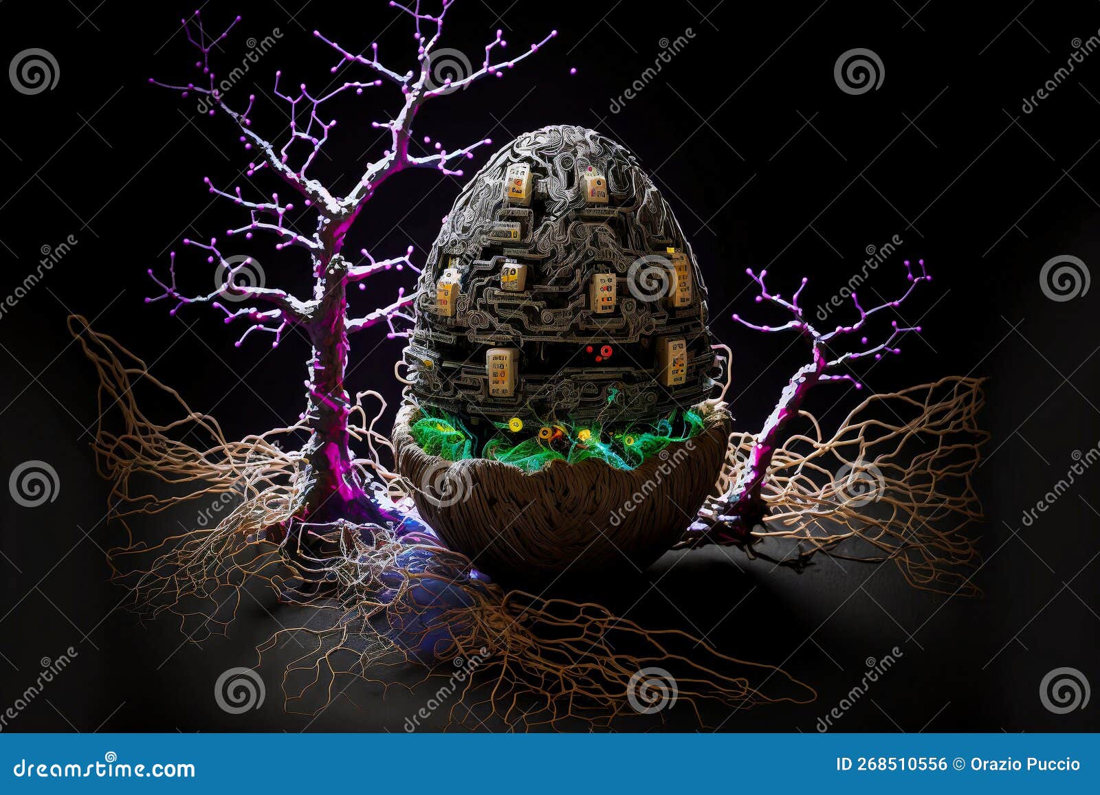 Easter with Eggs in the Nest on a Black Background, Abstract Circuit Board Decoration ...
