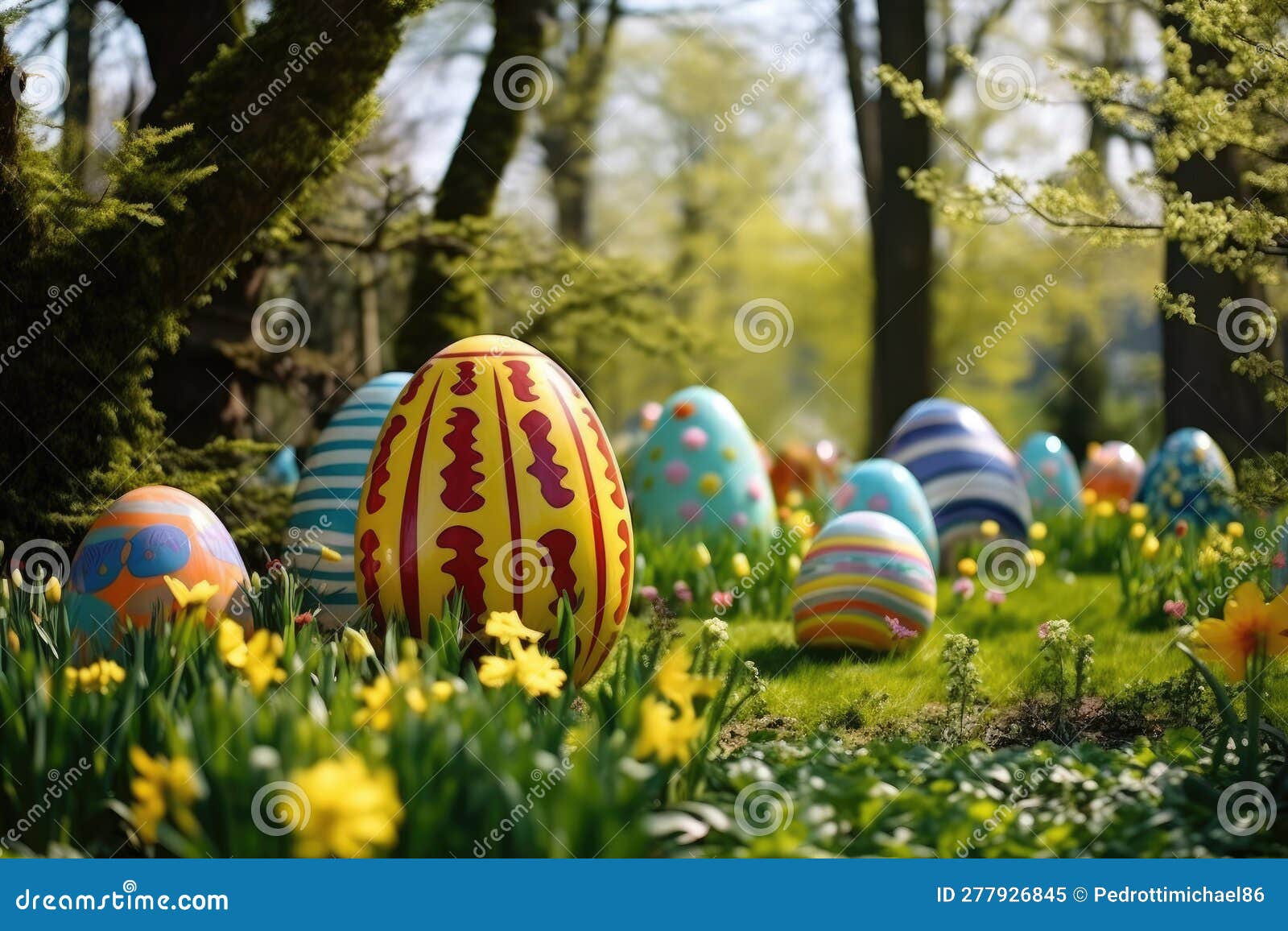 Easter eggs in the park stock illustration. Illustration of flowers ...