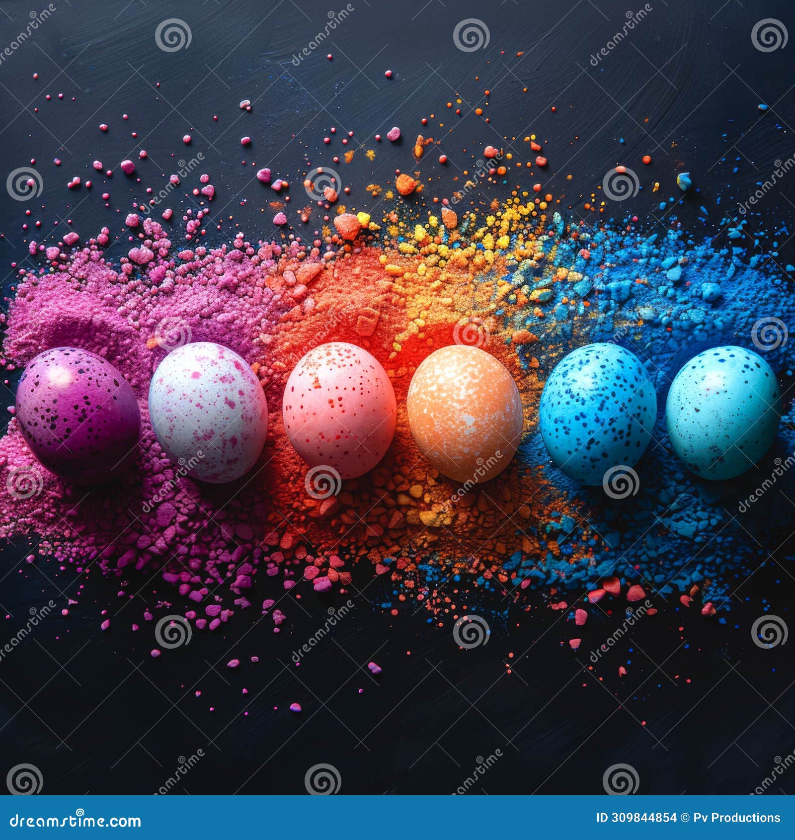 Easter Eggs in Powder of Different Colors on a Dark Background, Top ...