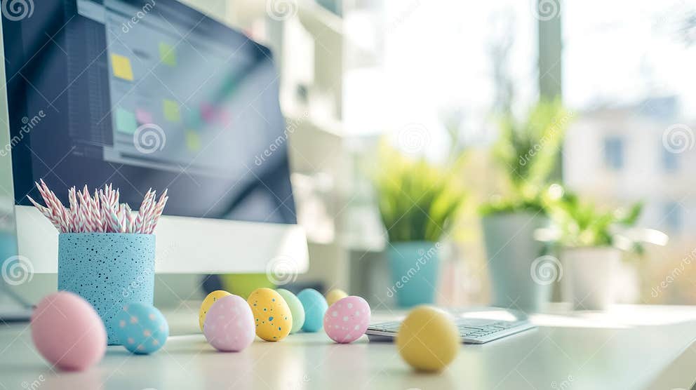 Easter Eggs Sitting on Desk in Office with Computer Showing Empty Software on Screen Stock Photo ...