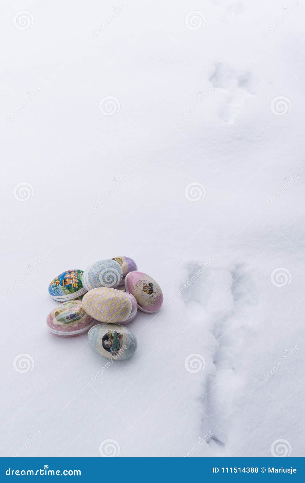 Easter eggs in the snow stock photo. Image of next, white - 111514388