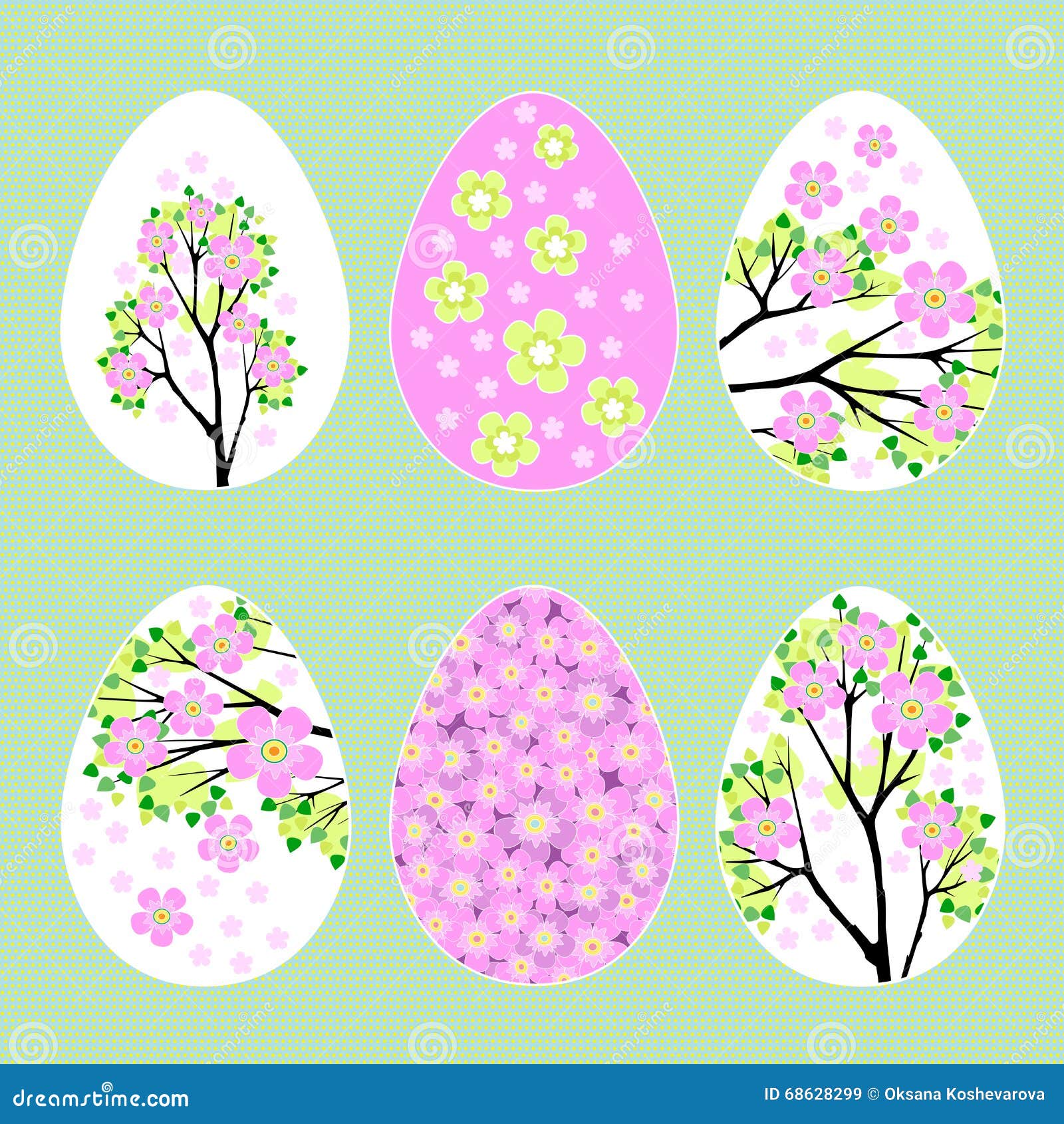 Easter Eggs with Spring Flower Pattern Set Vector Illustration Stock ...