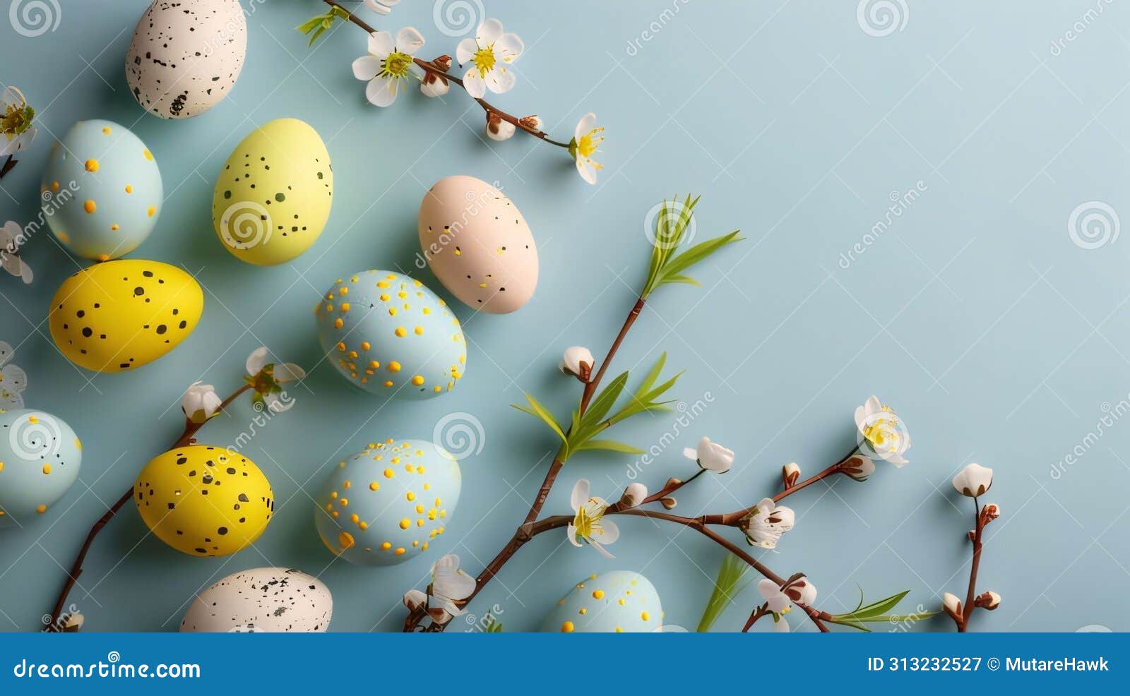 Easter Eggs and Spring Flowers on Blue Background. Top View Stock ...