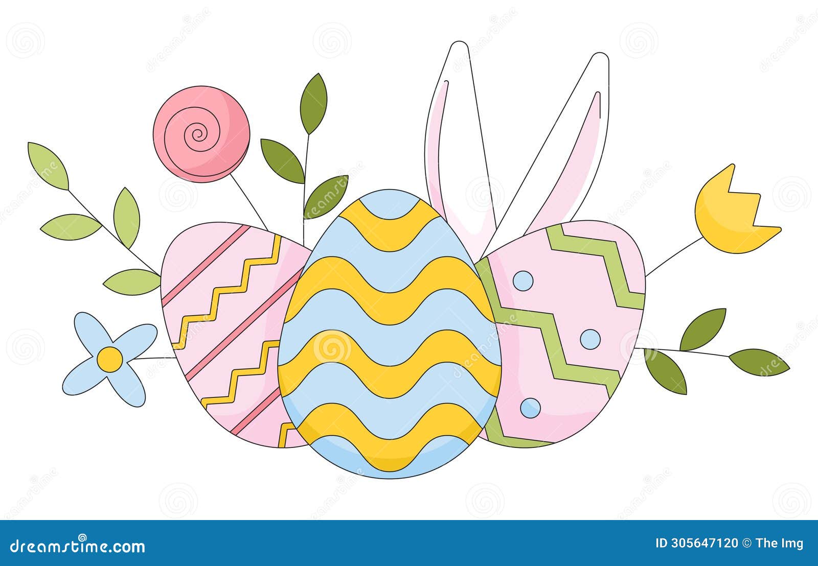 Easter Eggs Spring Flowers 2D Linear Cartoon Object Stock Vector ...