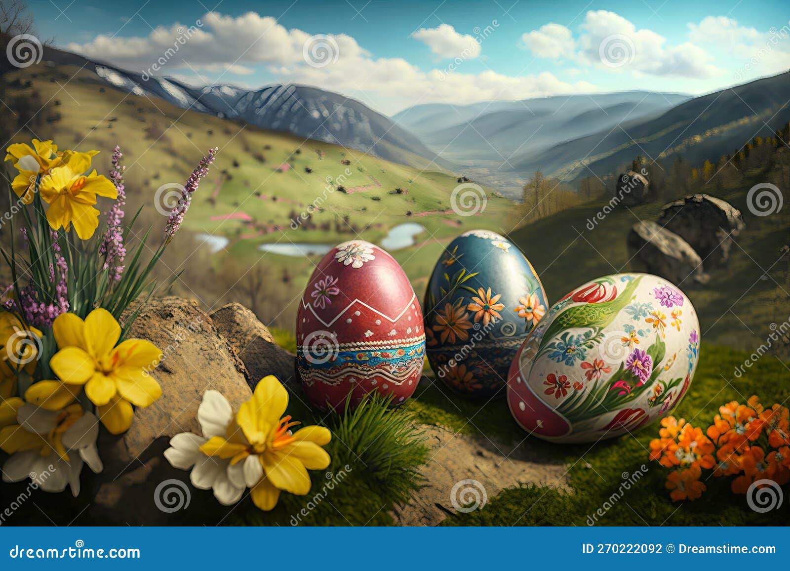 Easter Eggs and Spring Flowers in the Mountains. Colorful Easter Eggs ...