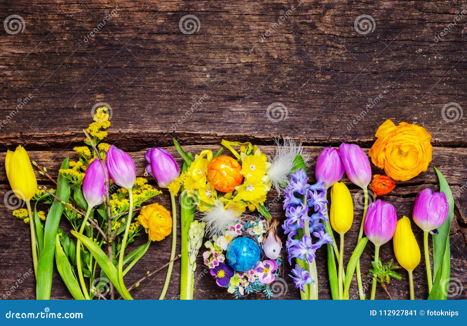 Easter Eggs and Spring Flowers on Wood, Easter Decorations Stock Image ...