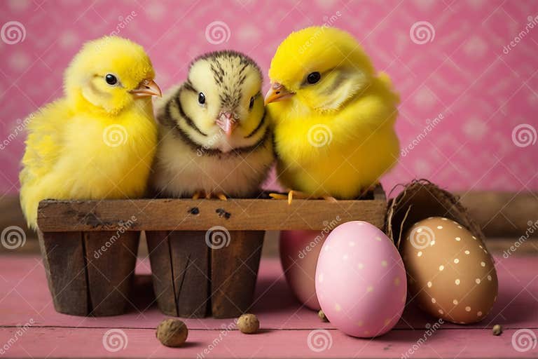 Easter Eggs and Tiny Chicks on Pink Holiday Background. Generative AI ...