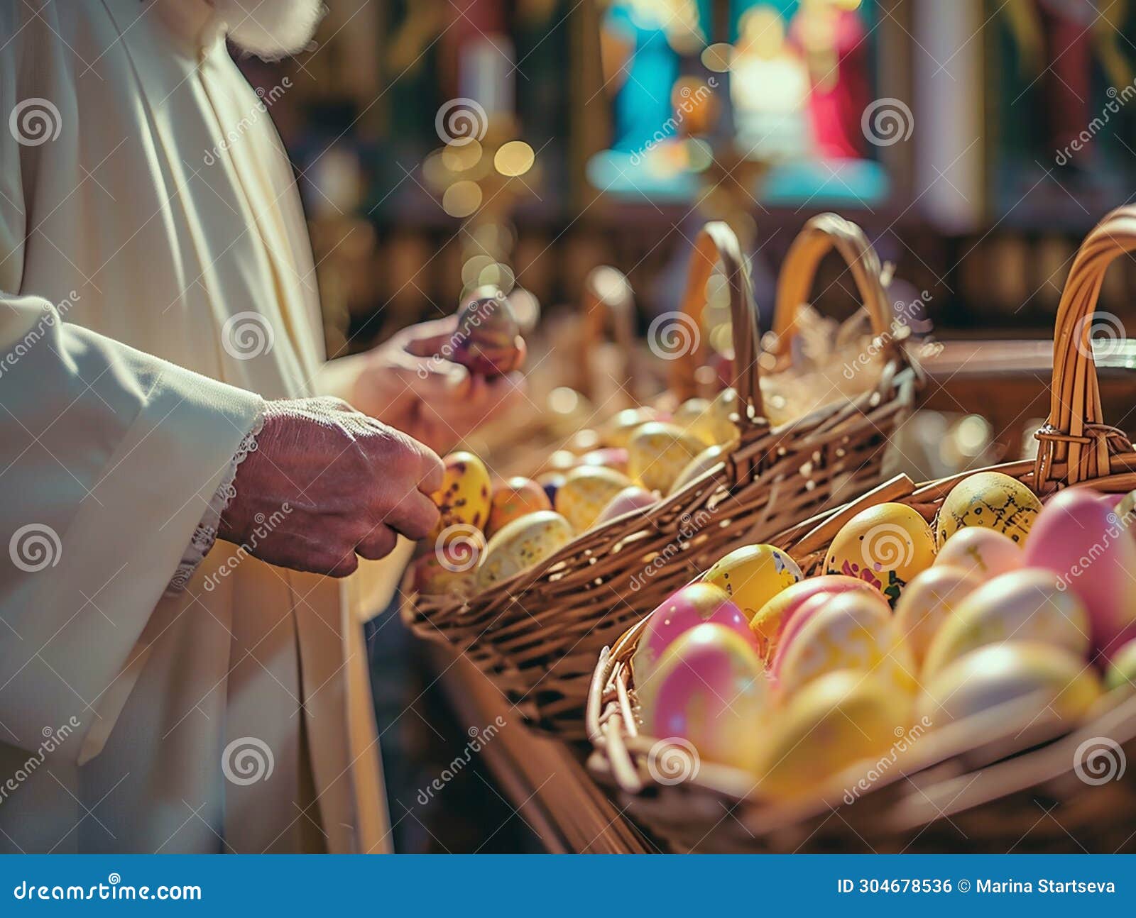 Easter Eggs in Wicker Basket in the Hands of a Priest, in the Solemn ...