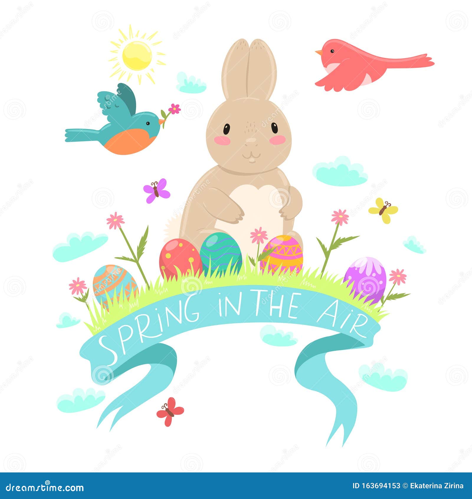 Easter Emblem with a Rabbit, Eggs, Birds, Flowers. the Inscription ...