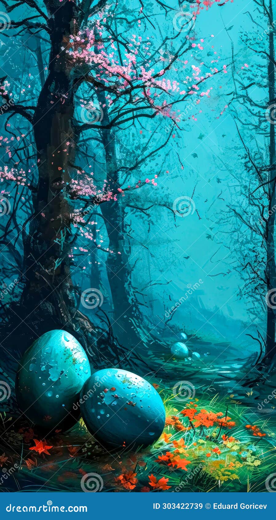 Easter. Enchanted Forest with Mystical Eggs and Blooming Cherry ...