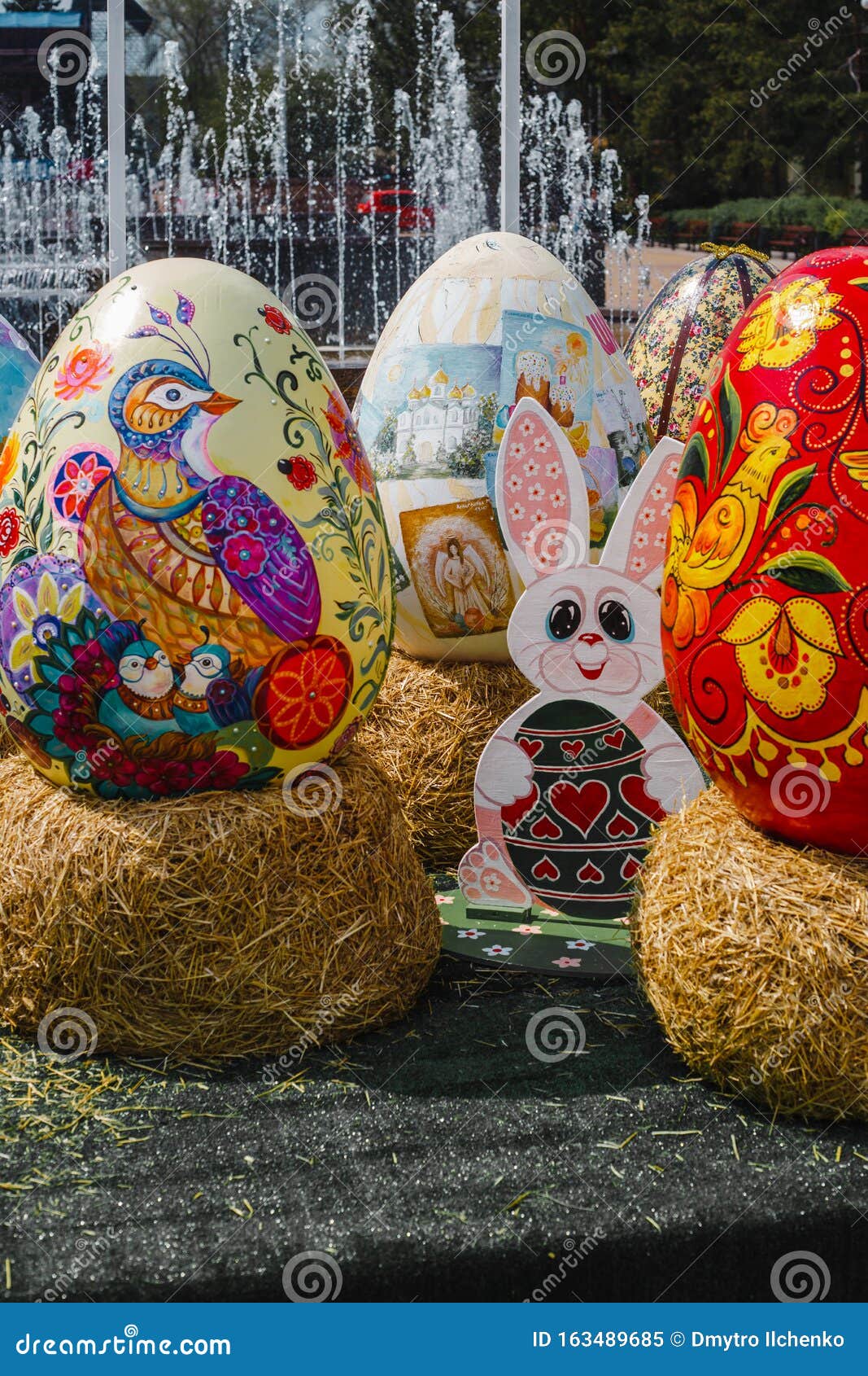 Easter Exhibition on the Background of the Fountain, Easter Eggs ...