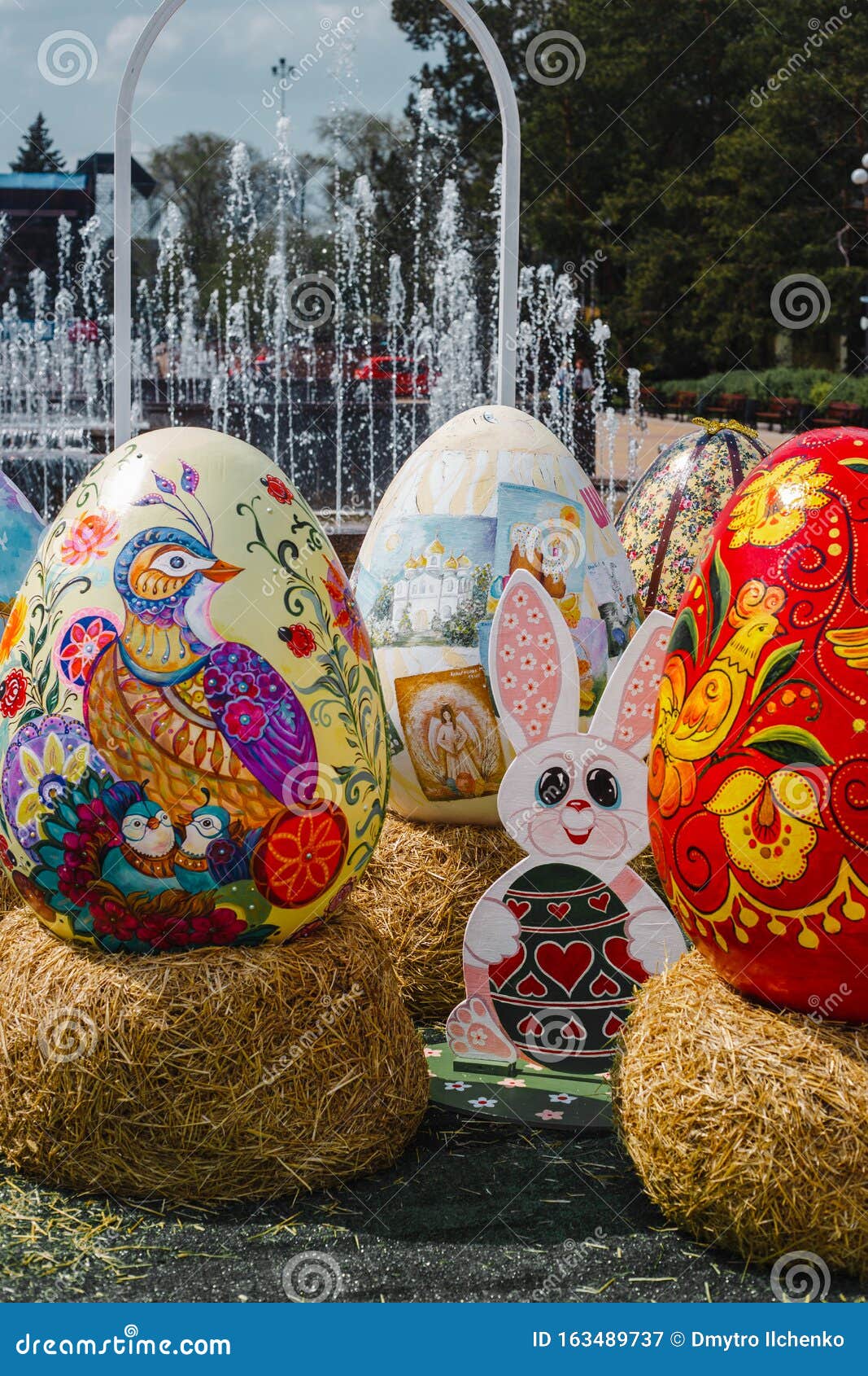 Easter Exhibition on the Background of the Fountain, Easter Eggs ...