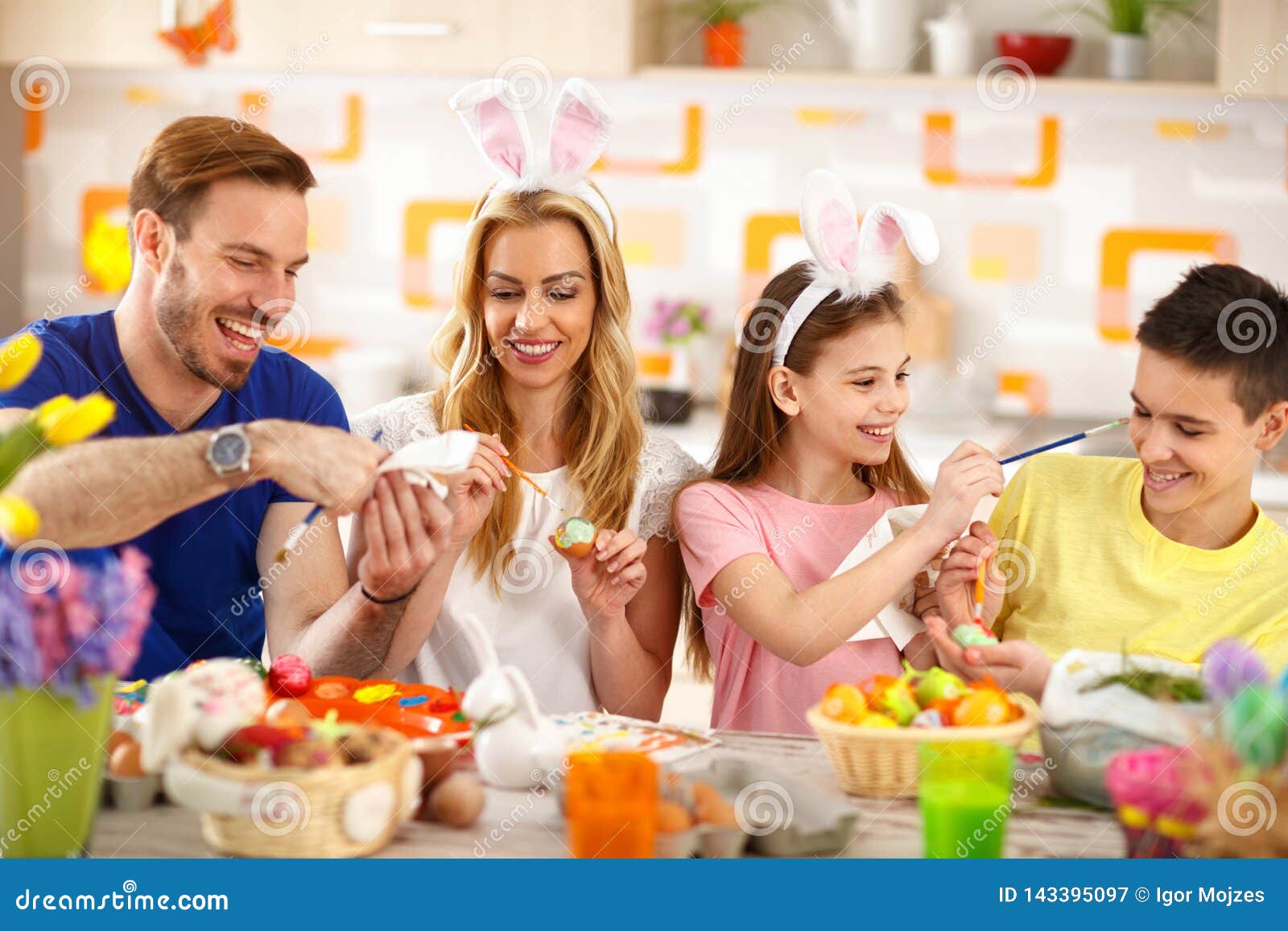 Easter Family Coloring Eggs Stock Image - Image of celebration ...