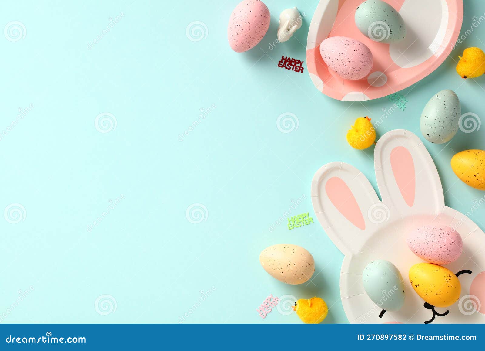 Easter Flat Lay Composition with Cute Plates with Colorful Easter Eggs ...