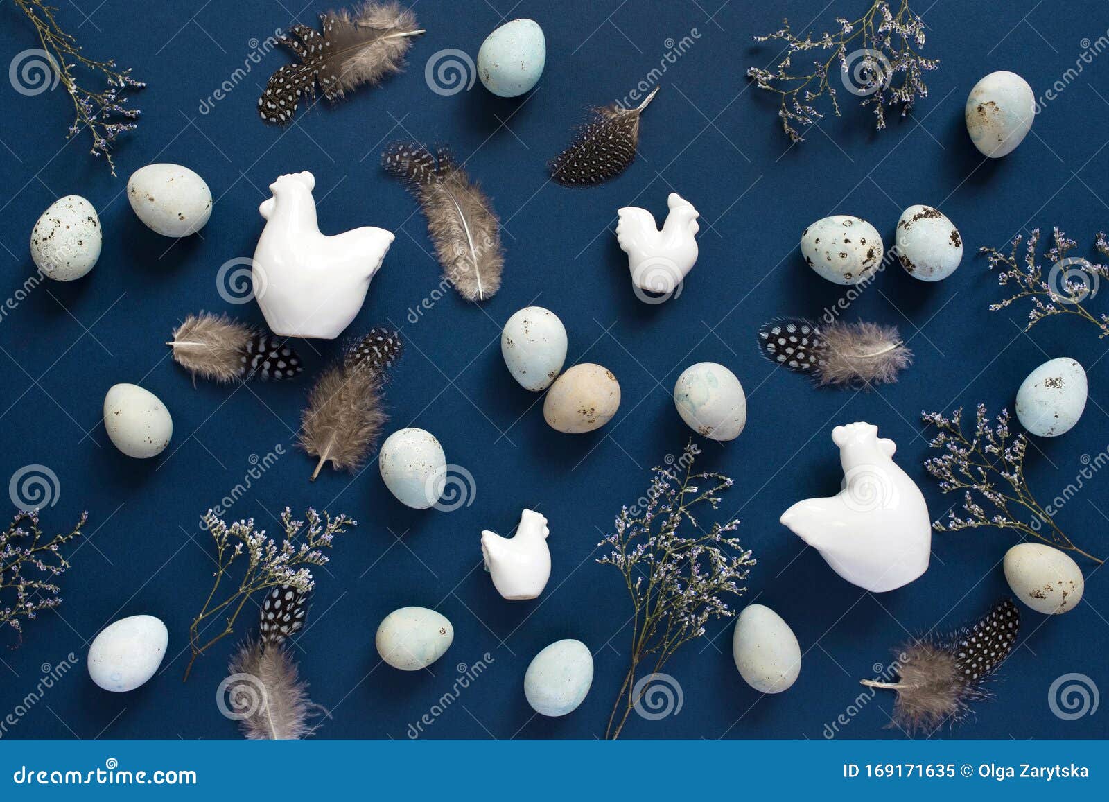 Easter Flat Lay with Eggs, Ceramic Figurines of Chicken, and with ...