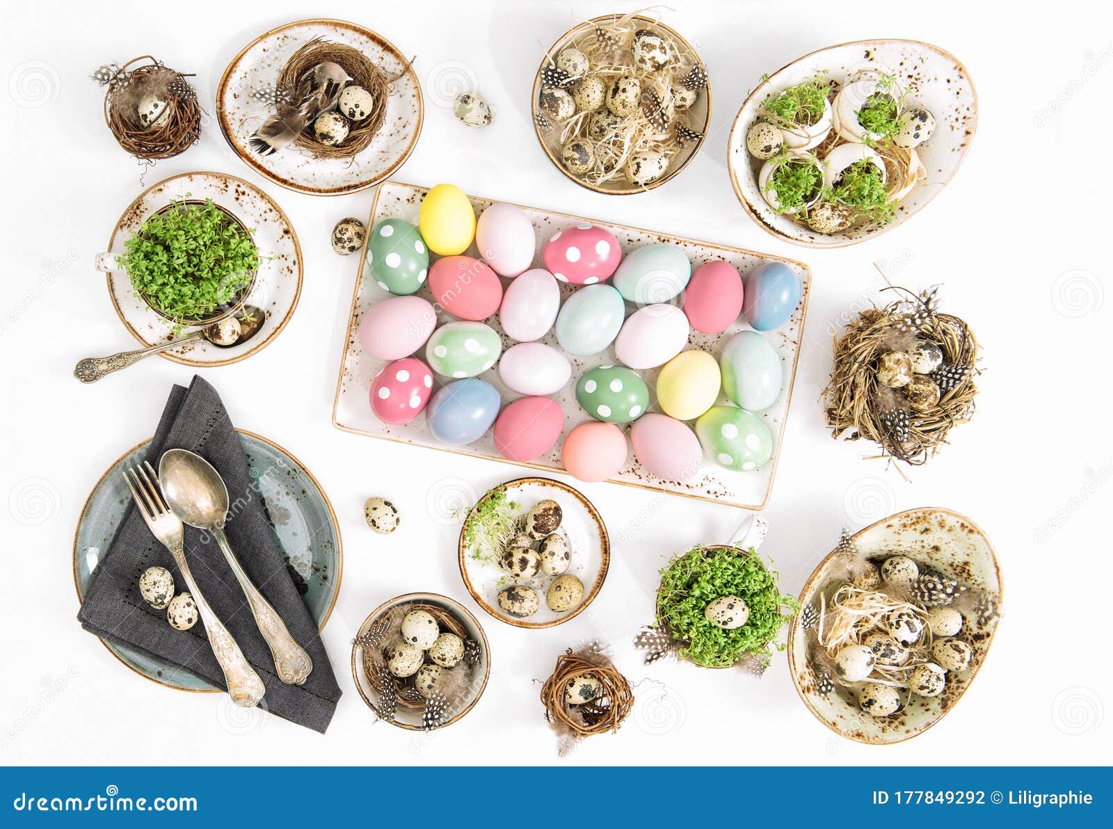 Easter Flat Lay Table Place Setting Decoration Colored Eggs Stock Photo ...