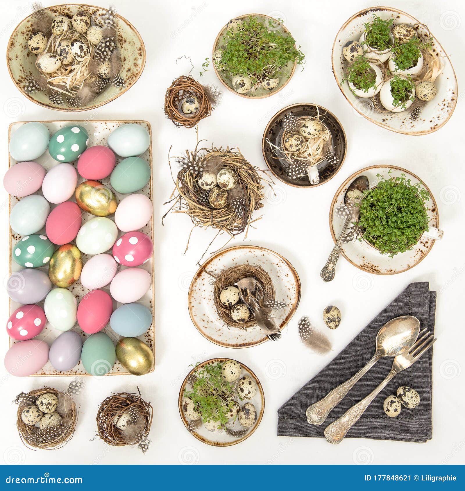 Easter Flat Lay Table Place Setting Decoration Colored Eggs Stock Image ...