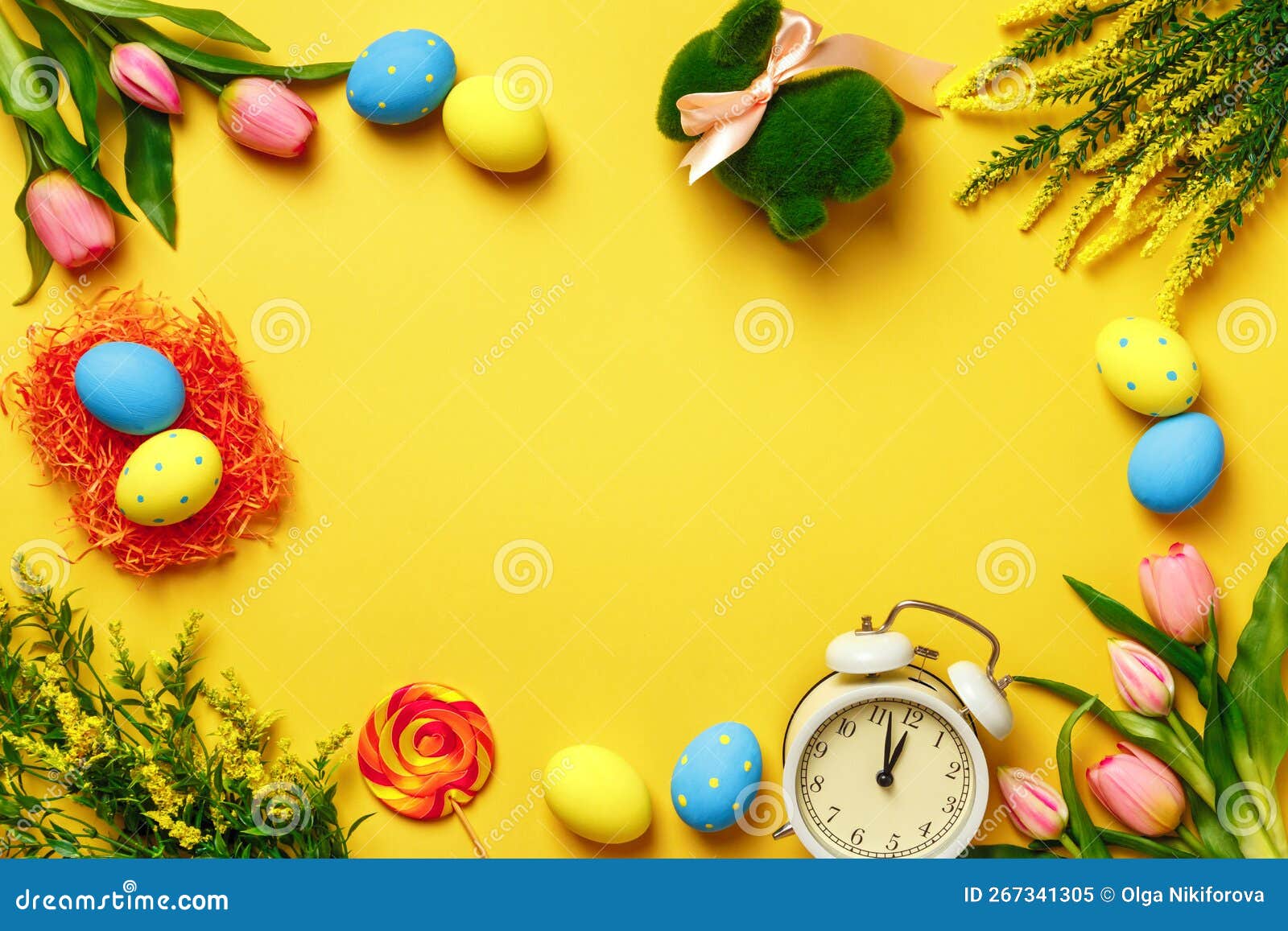 Easter Frame. Eggs Bunny Flowers Alarm Clock on a Yellow Background ...