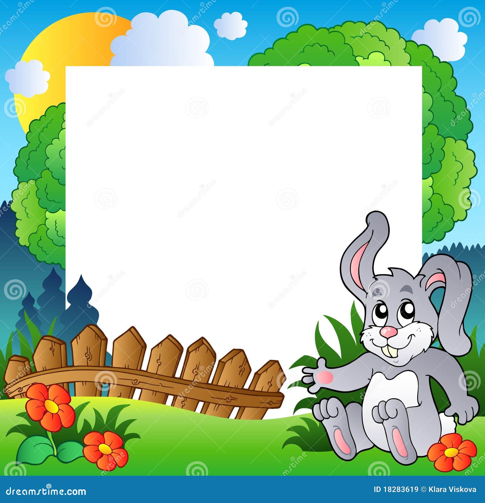 Easter Frame with Happy Bunny Stock Vector - Illustration of fence ...