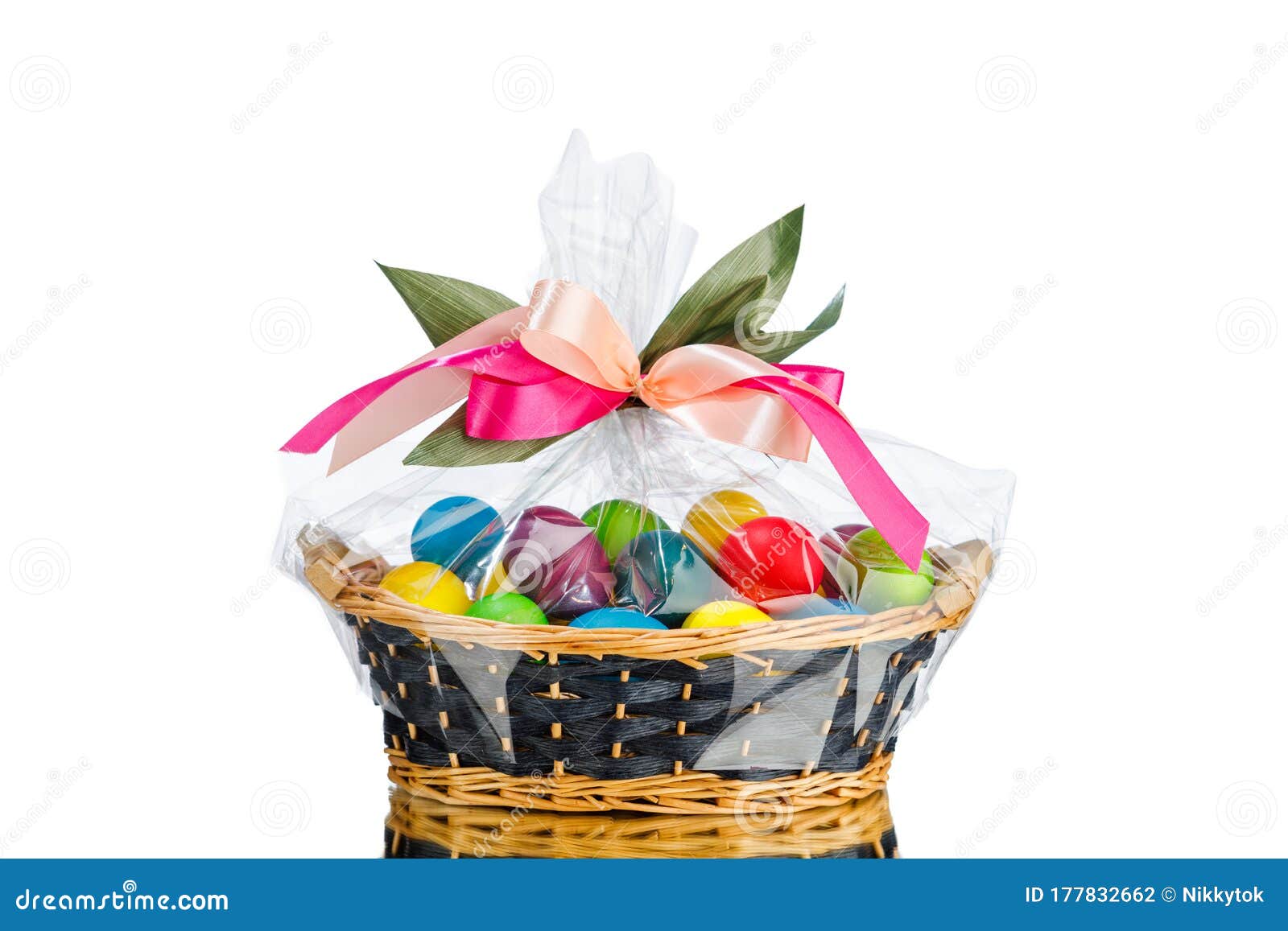 Easter Gift Basket with Multicolor Eggs, Isolated on White Stock Photo ...