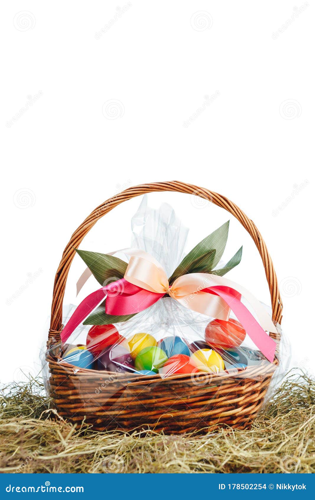 Easter Gift Basket with Multicolor Eggs, White Background Stock Photo ...