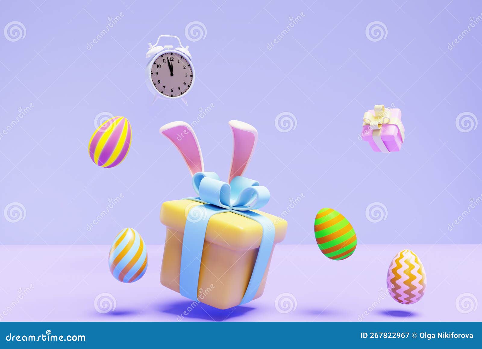 Easter. Gift Box with Rabbit Ears Alarm Clock Painted with Eggs on a ...