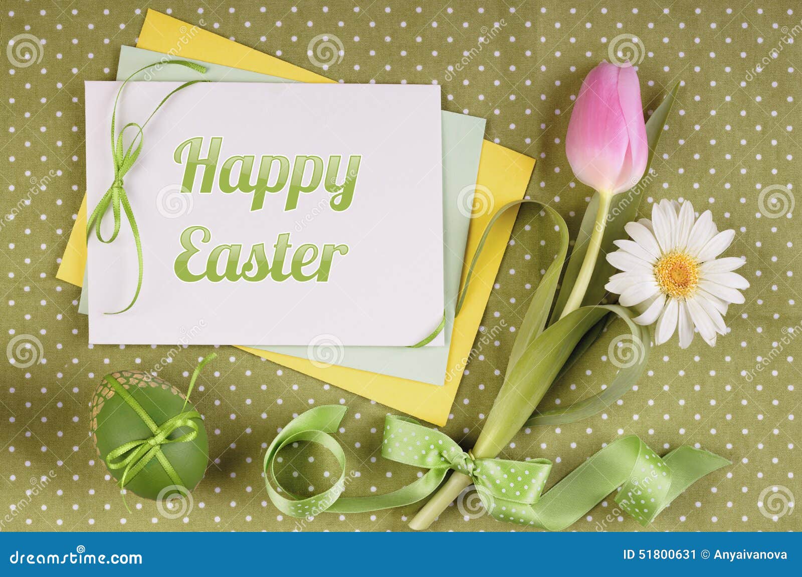 Easter Greeting Card with Flowers, Egg and Ribbons Stock Image - Image ...