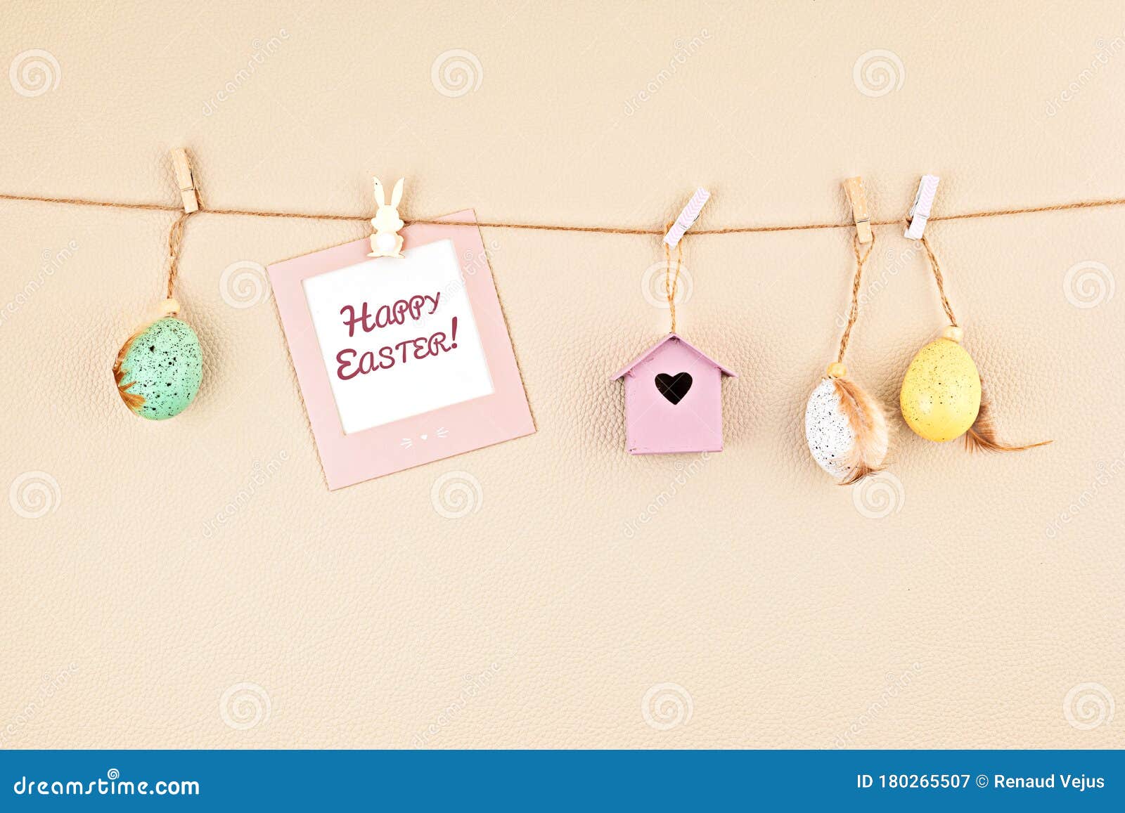 Easter Greeting Card Hanging on the String with Cute Easter Accessories ...