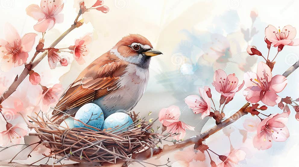 Easter Greeting Card with Sparrow and Easter Eggs in Nest Stock Image ...