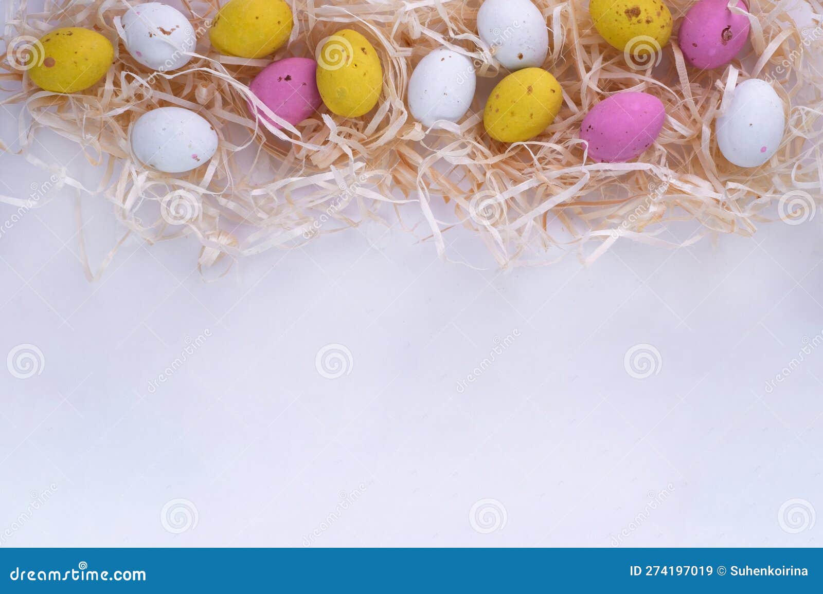 Collection of Easter Eggs in Honor of Easter on Hay Mockup for Greeting ...