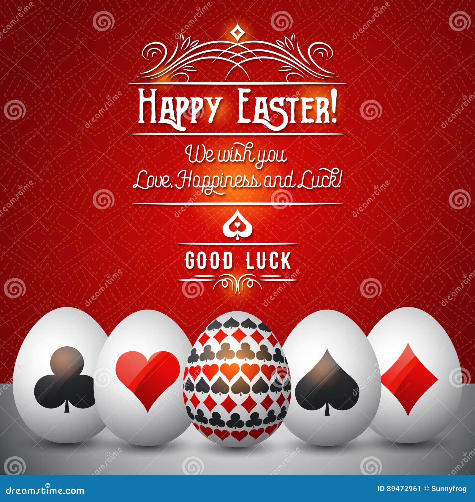 Easter Greetings Card with Red and Black Symbols Over White Eggs Stock ...