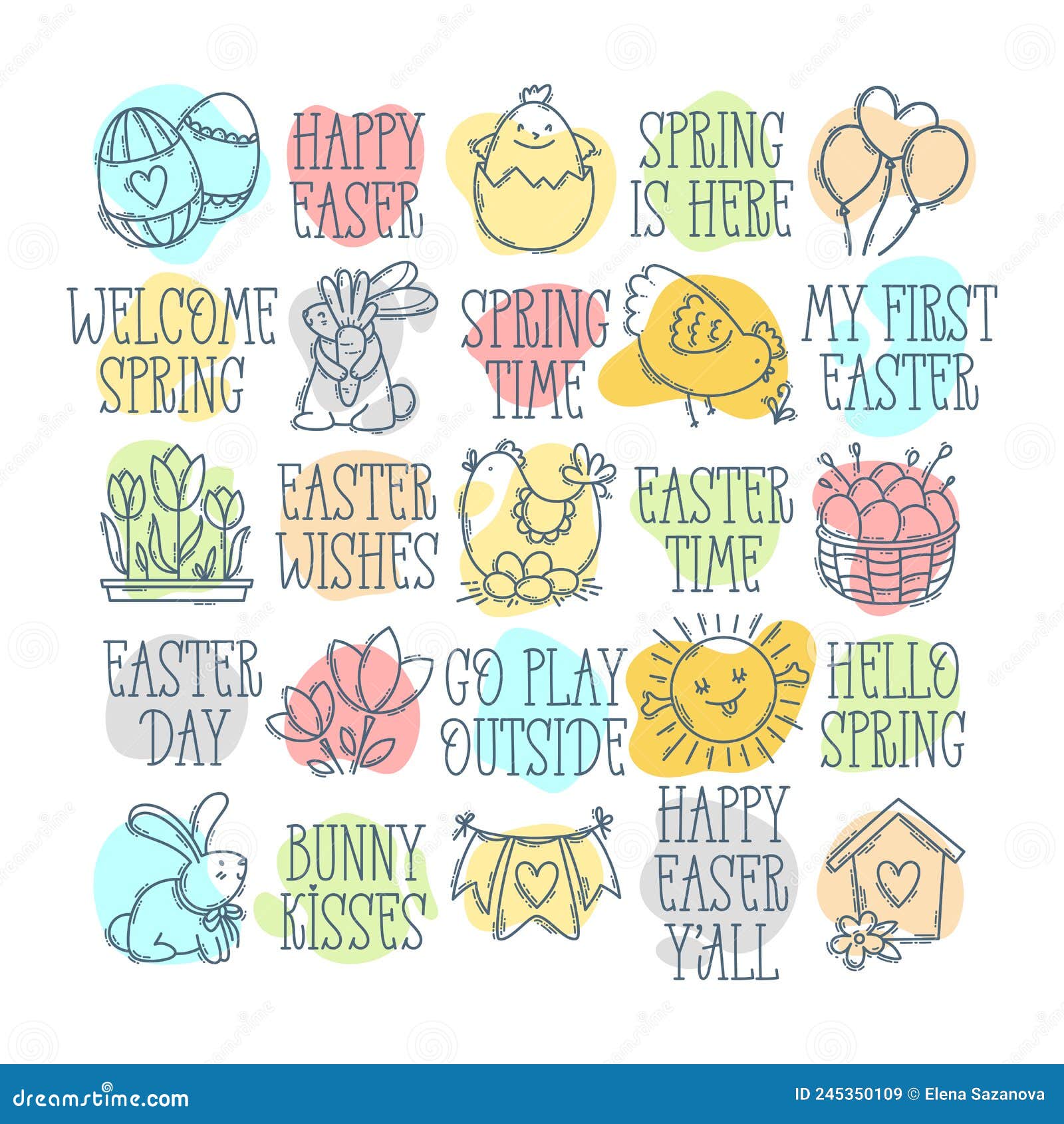 Easter Hand-drawn Doodle Icon Set with Simple Engraving Effect and ...