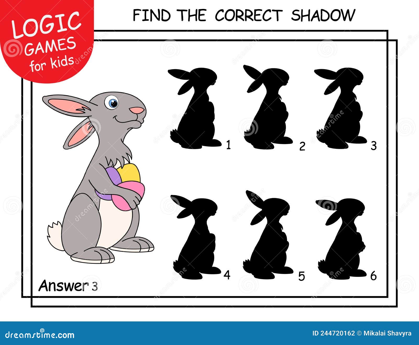 Easter Hare. Find the Correct Shadow of Rabbit with Eggs. Task with ...