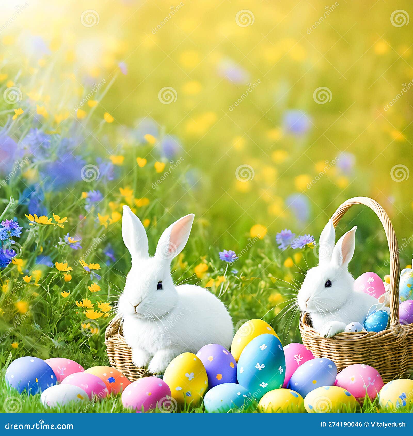 An Easter Hare on a Summer Meadow with Colored Eggs Stock Illustration ...