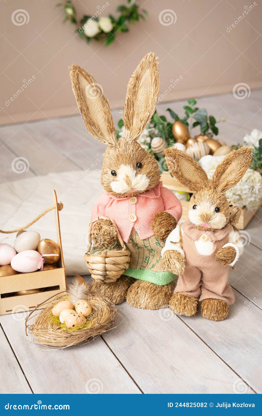 Easter Hay Bunnies: Mother and Son in an Easter Decorative Composition ...