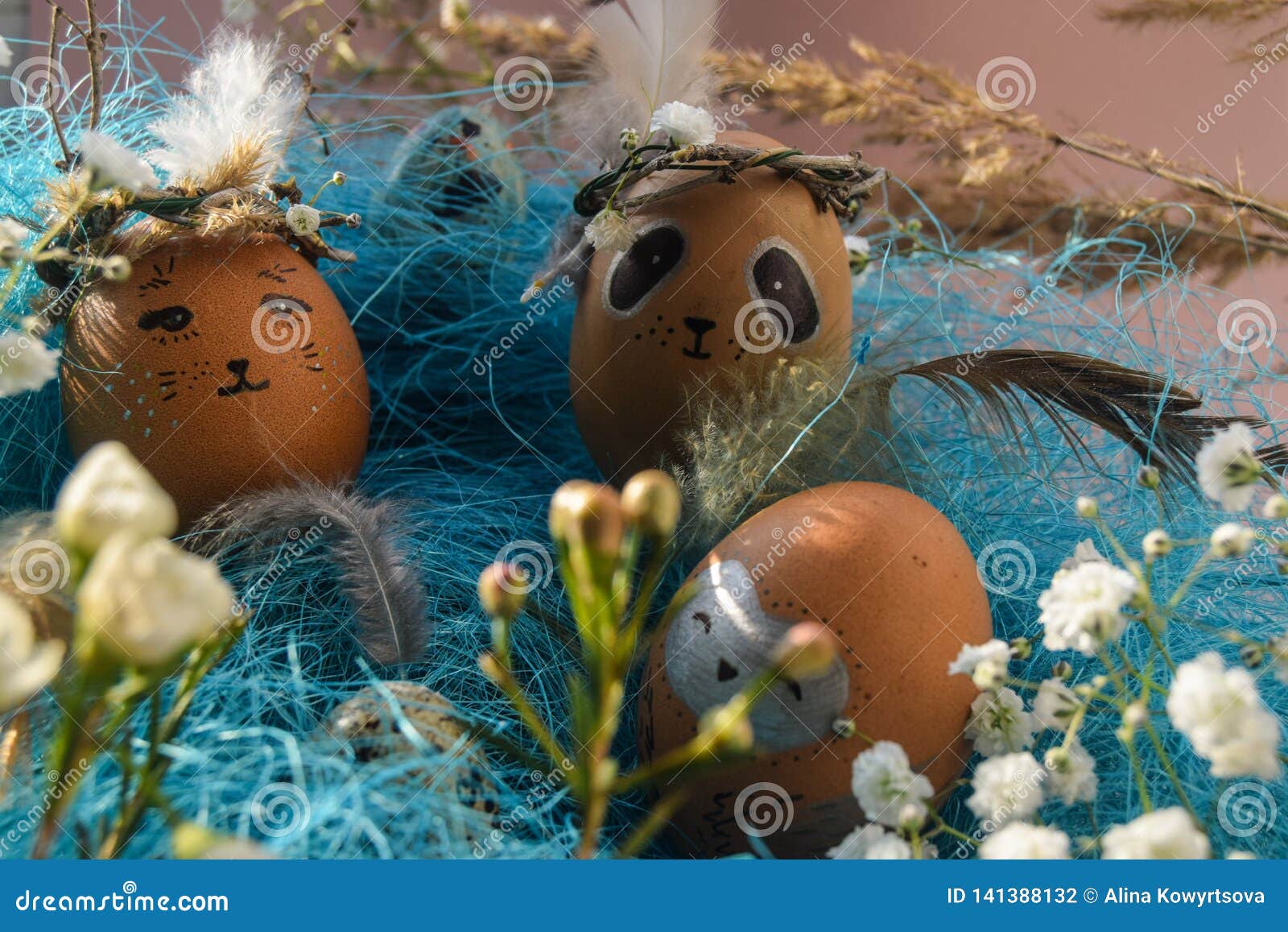 Easter Holiday Concept with Cute Handmade Eggs, Rabbit, Chicks, Owl ...