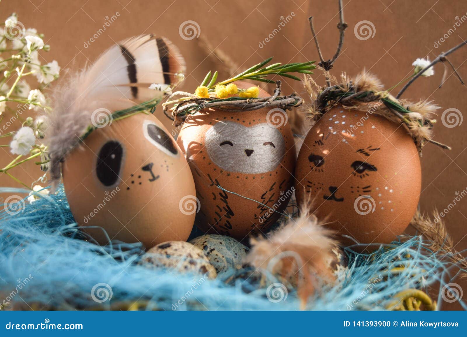 Easter Holiday Concept with Cute Handmade Eggs, Rabbit, Chicks, Owl ...