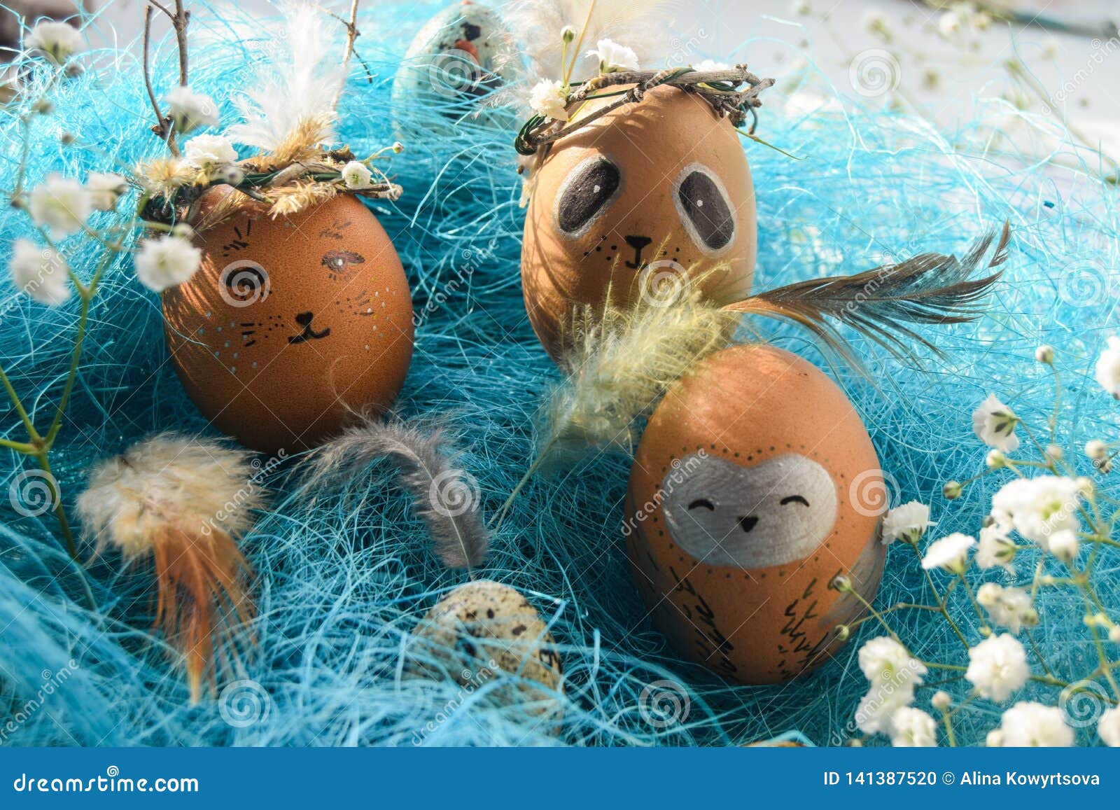 Easter Holiday Concept with Cute Handmade Eggs, Rabbit, Chicks, Owl ...