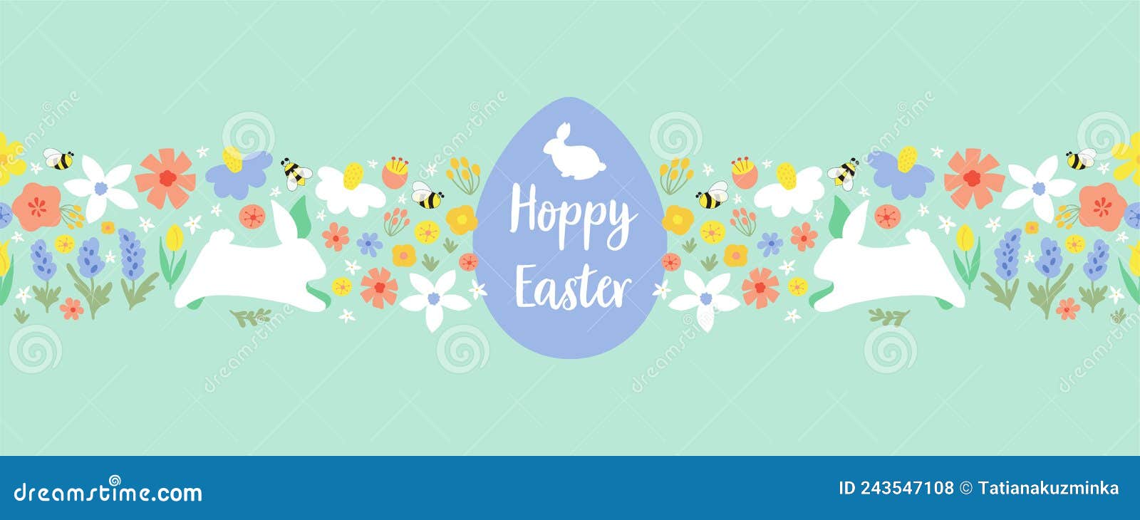 Easter Horizontal Seamless Border Pattern. Cute Floral Easter Rabbit, Easter Bunny, Eggs. Hoppy ...