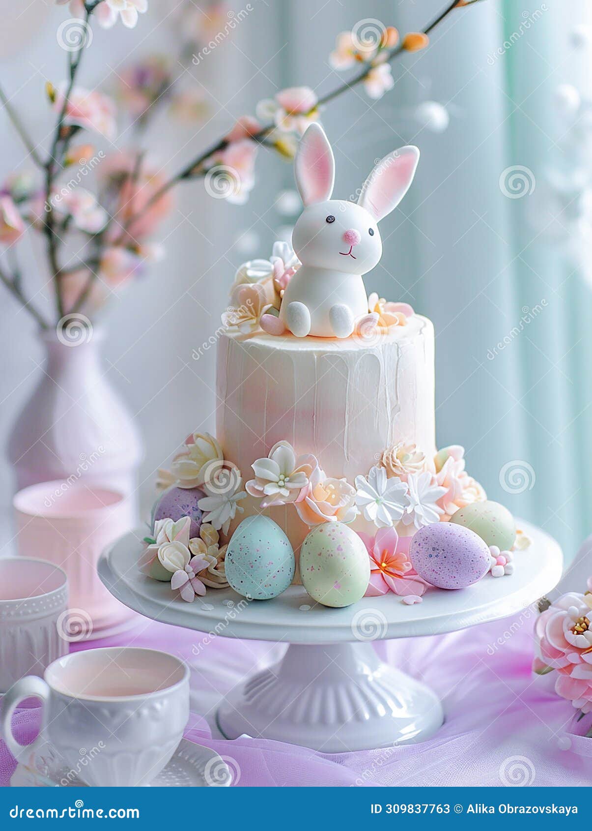 Easter Illustration with Rabbits, Eggs and a Cake in Pastel Colors ...