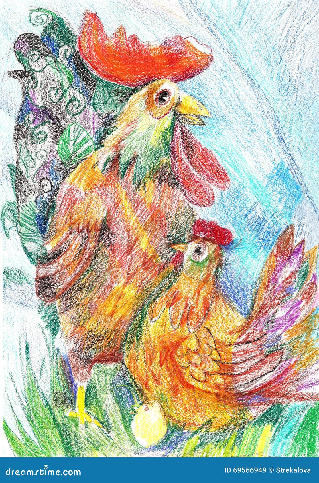 Easter Illustration with a Rooster, Chicken and Egg. Drawing Crayon ...
