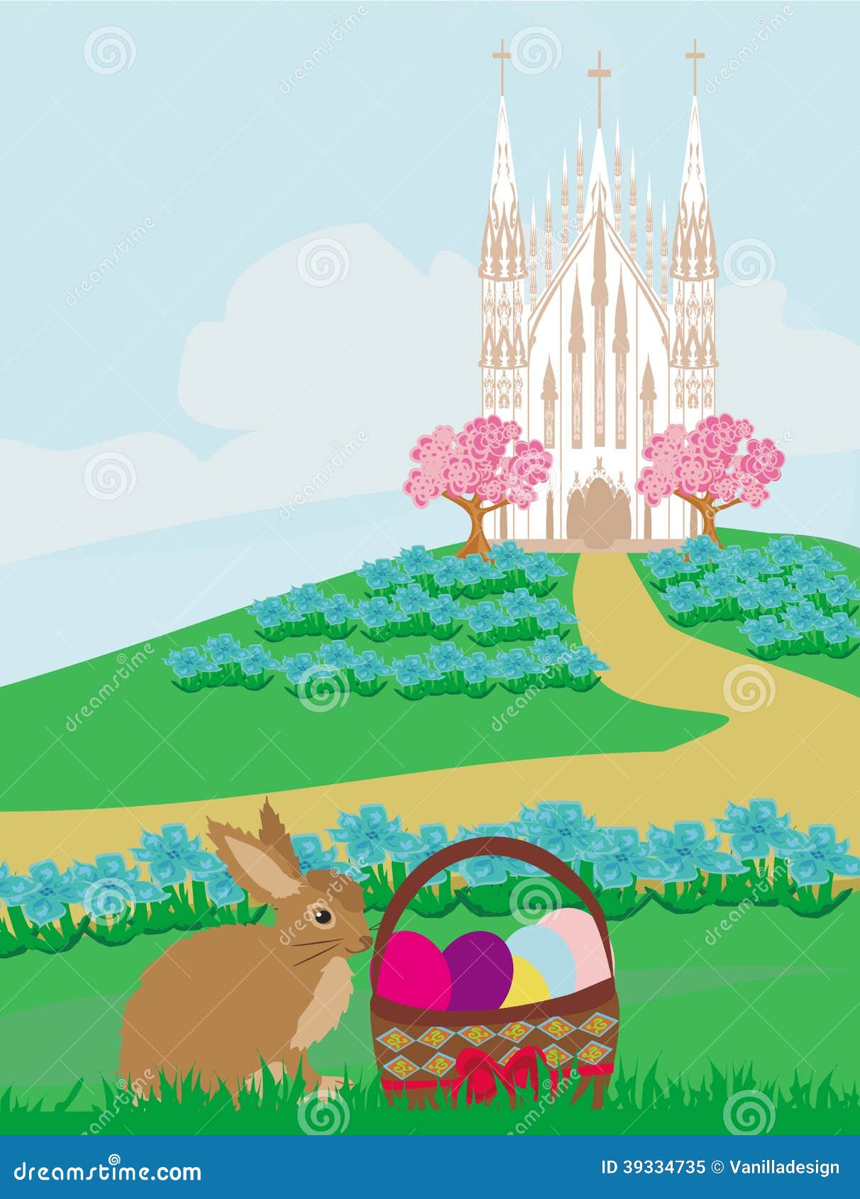 Easter Landscape with Eggs and Sweet Bunny Stock Vector - Illustration ...