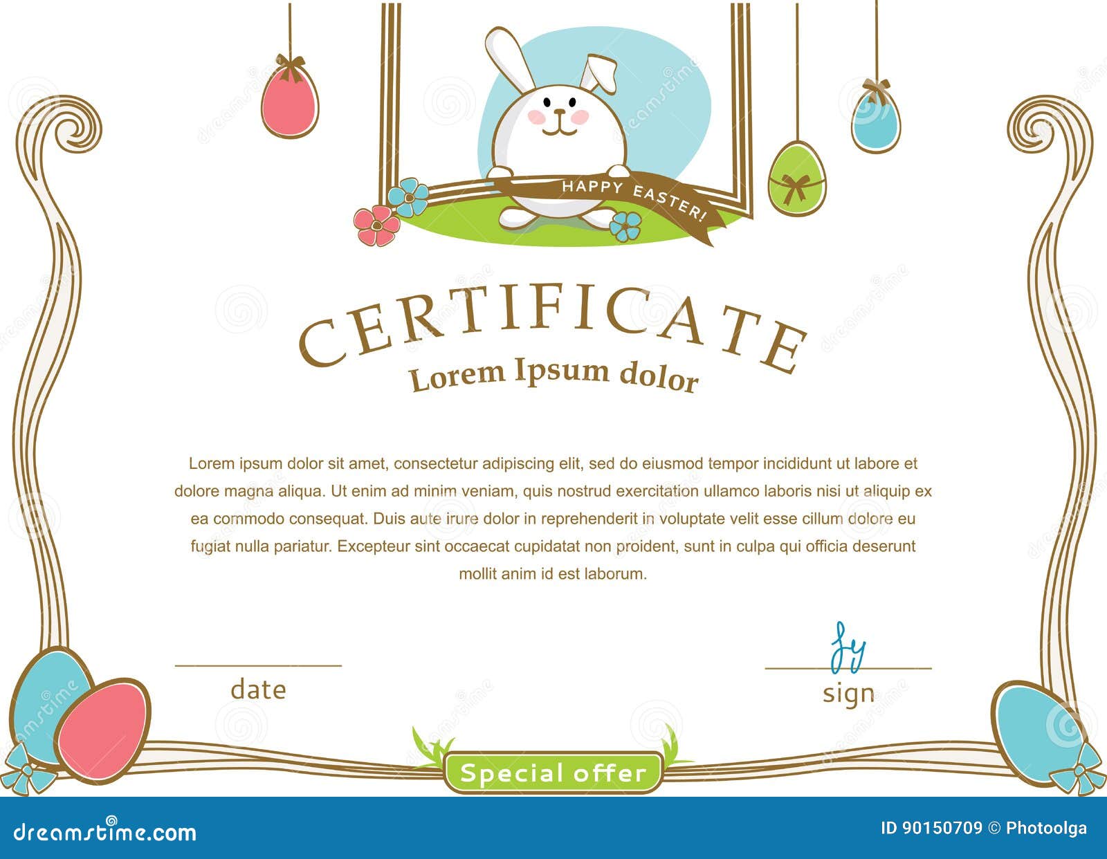 Easter Official Certificate. Easter Rabbit and Eggs. Simple Drawing ...
