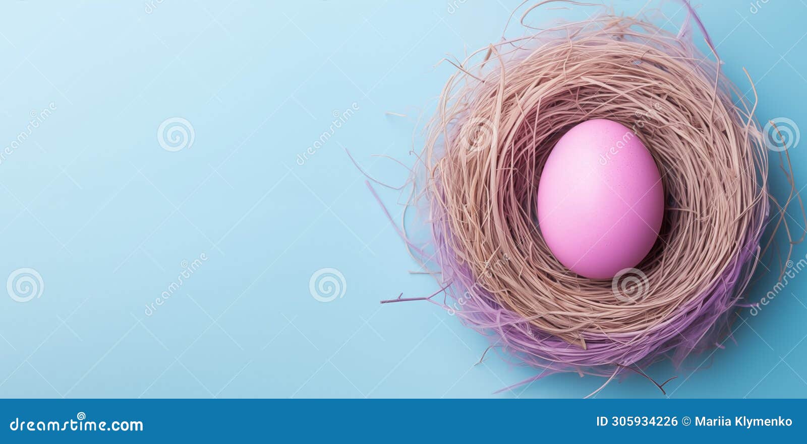Easter Pink Egg In A Nest, Top View, Pastel Blue Background Royalty ...