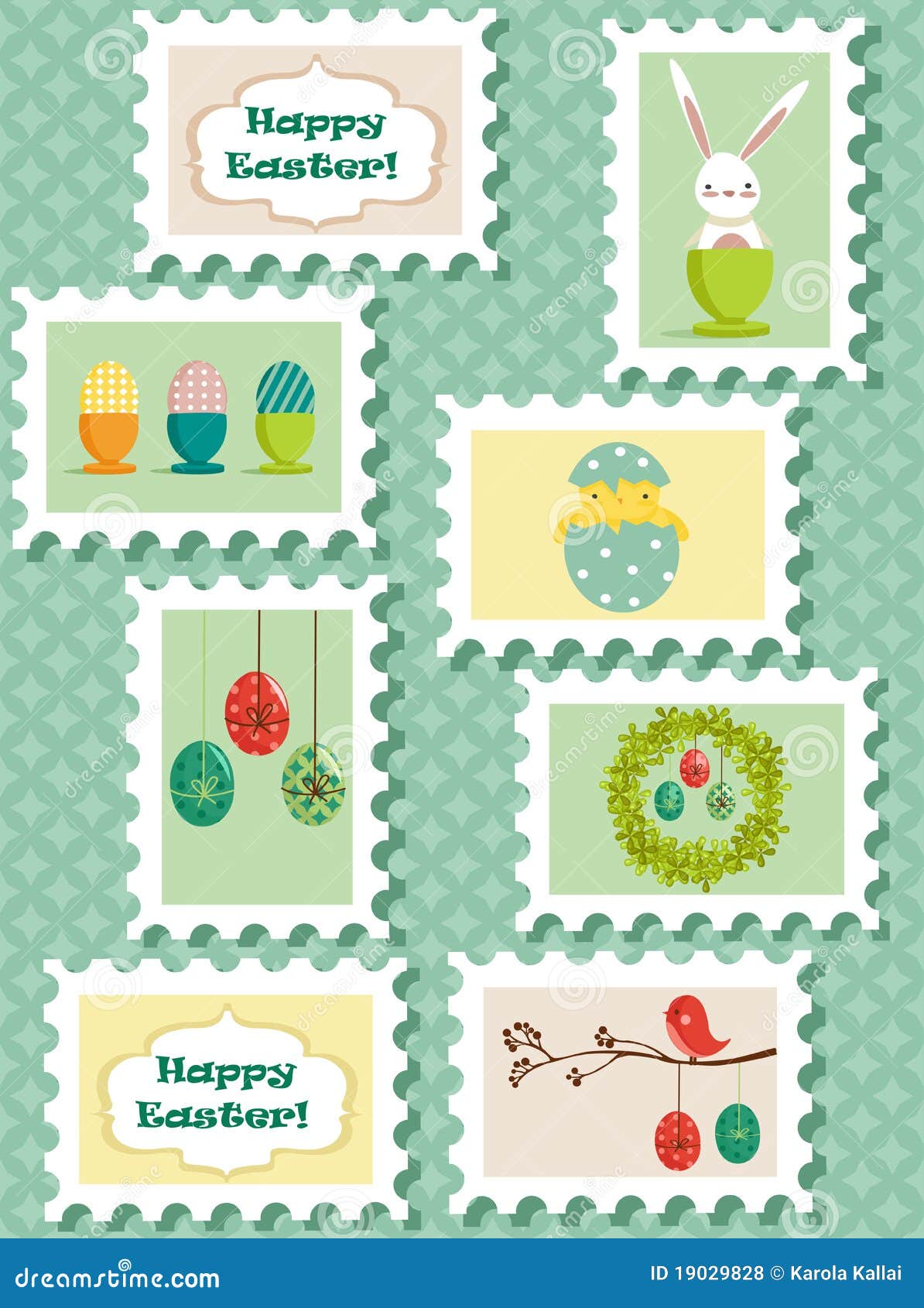 Easter postal stamps set stock vector. Illustration of bird - 19029828